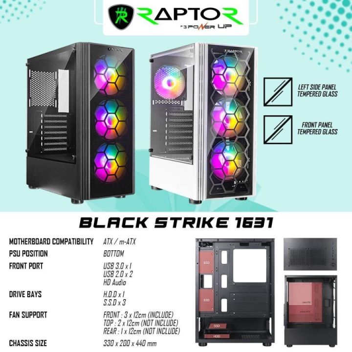 Casing Gaming Power Up Raptor Strike 1631 Free 3 Fan RGB ATX | Lazada ...