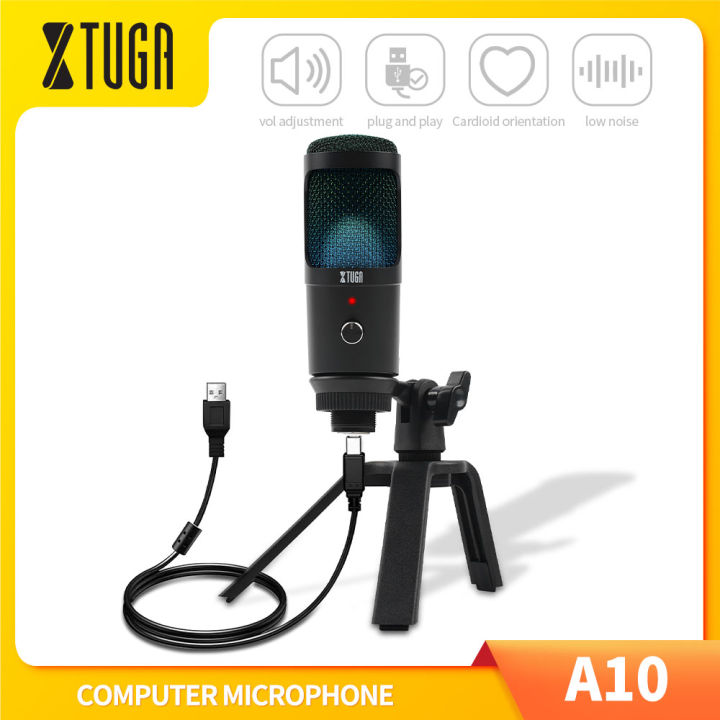 XTUGA RGB Condenser Microphone A10 USB PC Recording Microphone with RGB Indicator, Gain Control ...