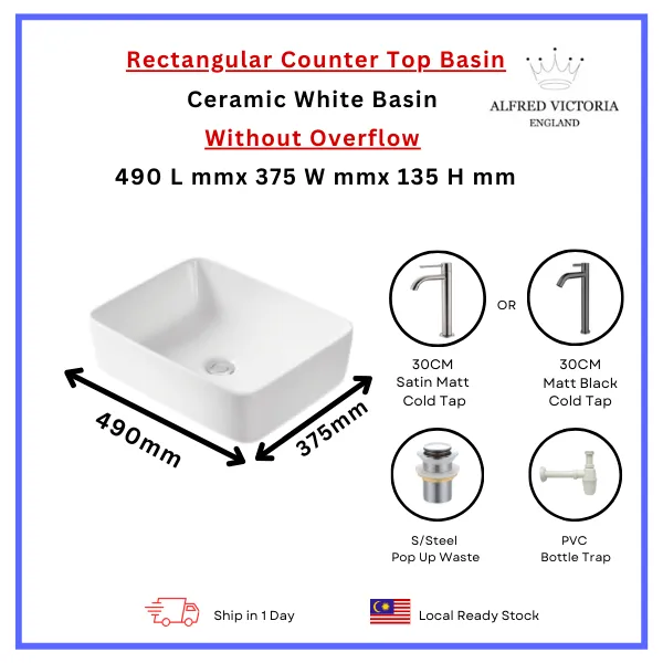 Alfred Victoria 490MM Gloss White Rectangle Basin Ceramic Counter Top ...