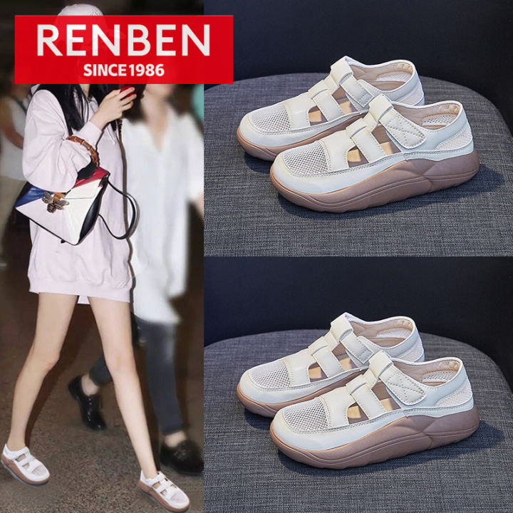 RENBEN New ins mesh breathable white shoes female Korean version Velcro student hollow casual ...