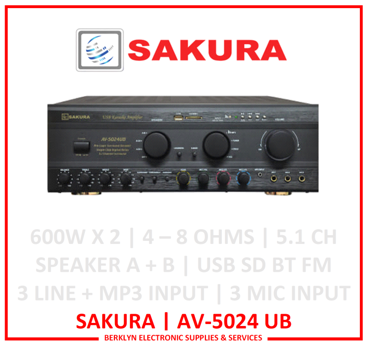 Sakura AV-5024 UB / 5.1CH Karaoke Amplifier 600W X 2 / 3 LINE INPUT / USB SD BT FM / MP3 INPUT ...