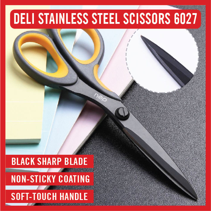 DELI STAINLESS SCISSORS NO.6027 175MM , TEFLON COATED BLACK SHARP BLADE ...