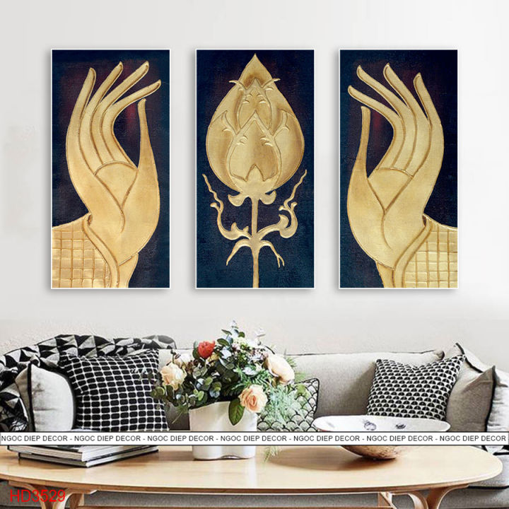 Tranh treo tường 3D tay phật sen vàng cầu bình an HD3529, tấm tranh đặc ...