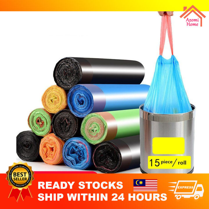 15pcs/roll Rubbish Bag with string Garbage Bag Trash Bag with Rope ...