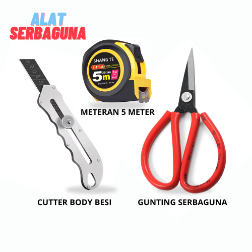 PAKET 3 ITEM GUNTING SERBAGUNA CUTTER BODY BESI DAN METERAN 5 METER ...