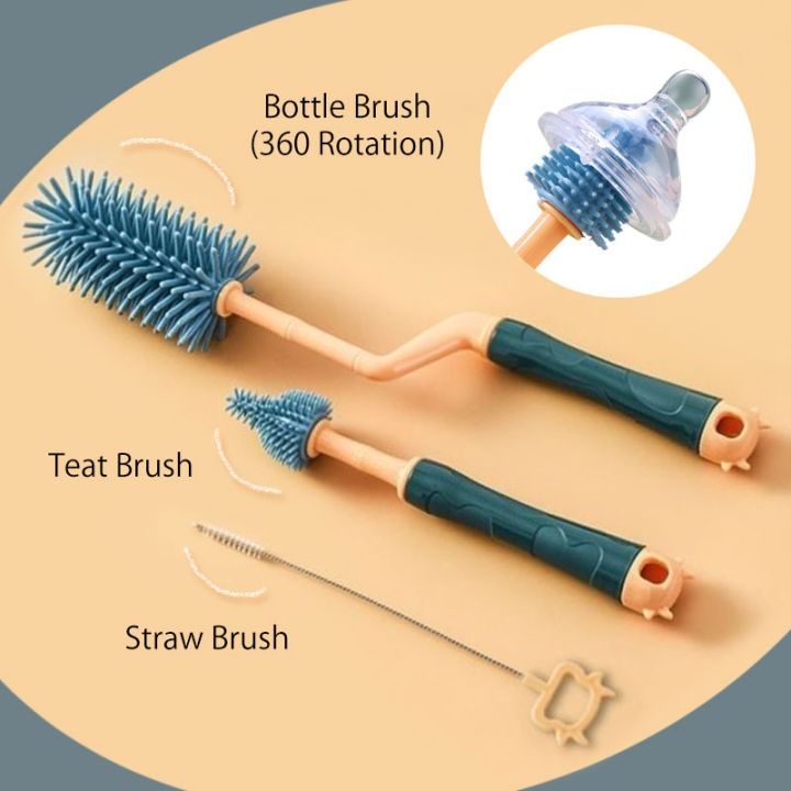 3 In 1 Silicone Brush Set High Density Bristles Milk Bottle Teat Nipple ...