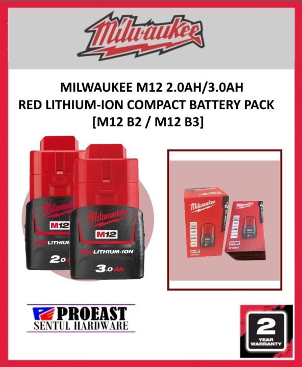 MILWAUKEE M12 B2 / M12 B3 2.0AH / 3.0AH Red Lithium-Ion Compact Battery Pack / Rechargeable ...