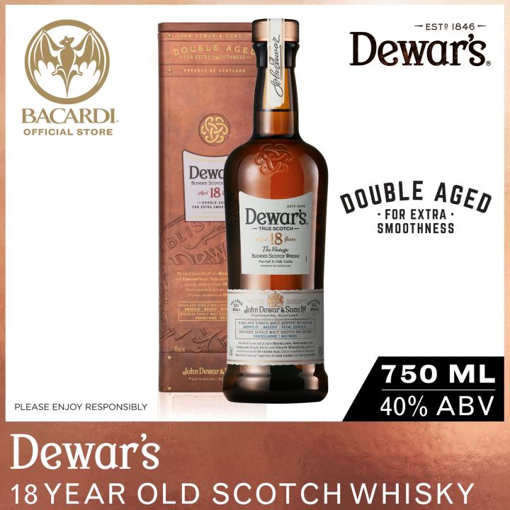 Dewar's 18 Year Old Scotch Whisky, Double Aged Oak Cask Whisky Spirit, 40% ABV, 75cl / 750ml ...
