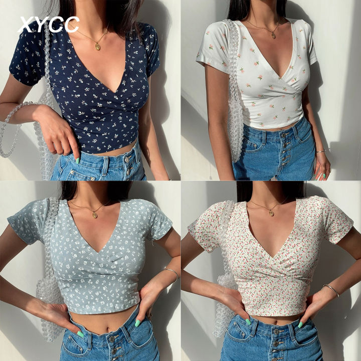 XYCC European and American style sexy V-neck floral top Women's high ...