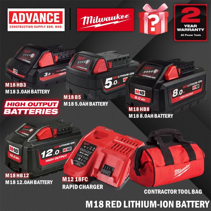 MILWAUKEE RED-LITHIUM™-ION M18 Battery 3.0Ah / 5.0Ah / 8.0Ah / 12.0Ah ...