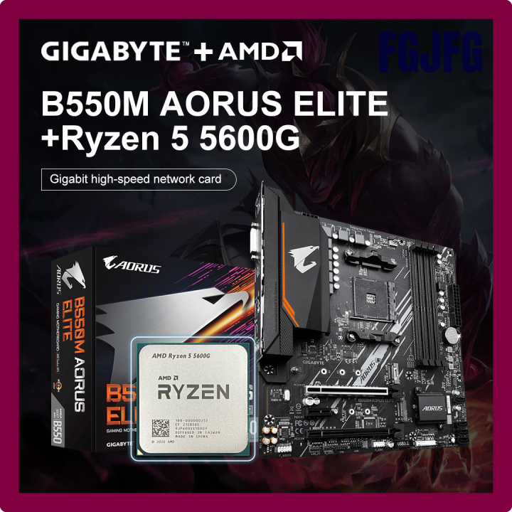FGJFG GIGABYTE B550M ใหม่เมนบอร์ด AORUS ELITE + AMD New Ryzen 5 5600G R5 5600G ตัวประมวลผล AMD ...