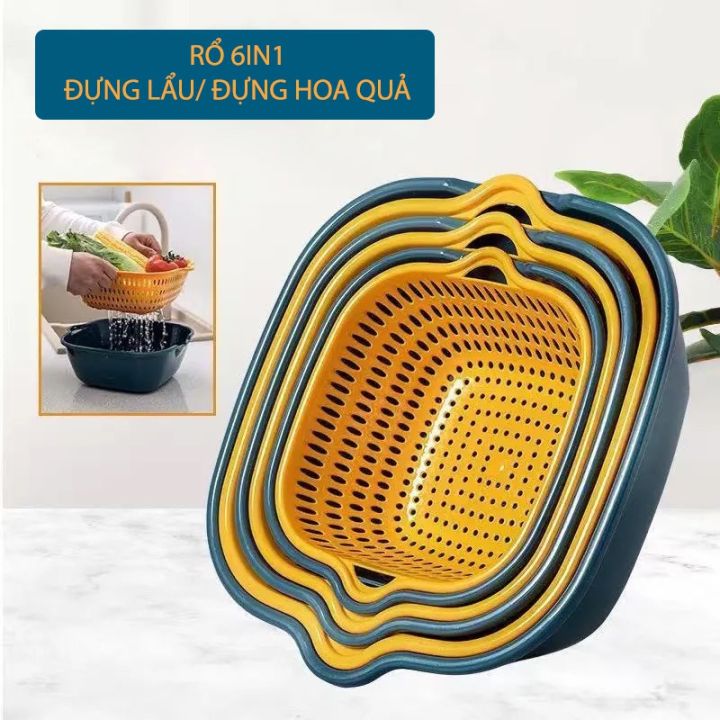 Set 6 món rổ kèm chậu bộ 3 rổ và chậu, thau nhựa rửa rau củ đựng hoa ...