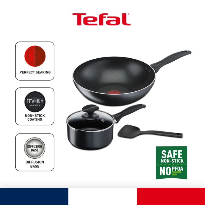 Tefal Cook & Clean 4pcs Set (Saucepan with lid 16cm + Wokpan 28cm + Small spatula) B225S4 | Lazada