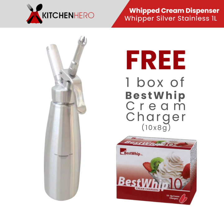 Whipped Cream Dispenser Whipper Silver Stainless 1L with 1 FREE box of ...