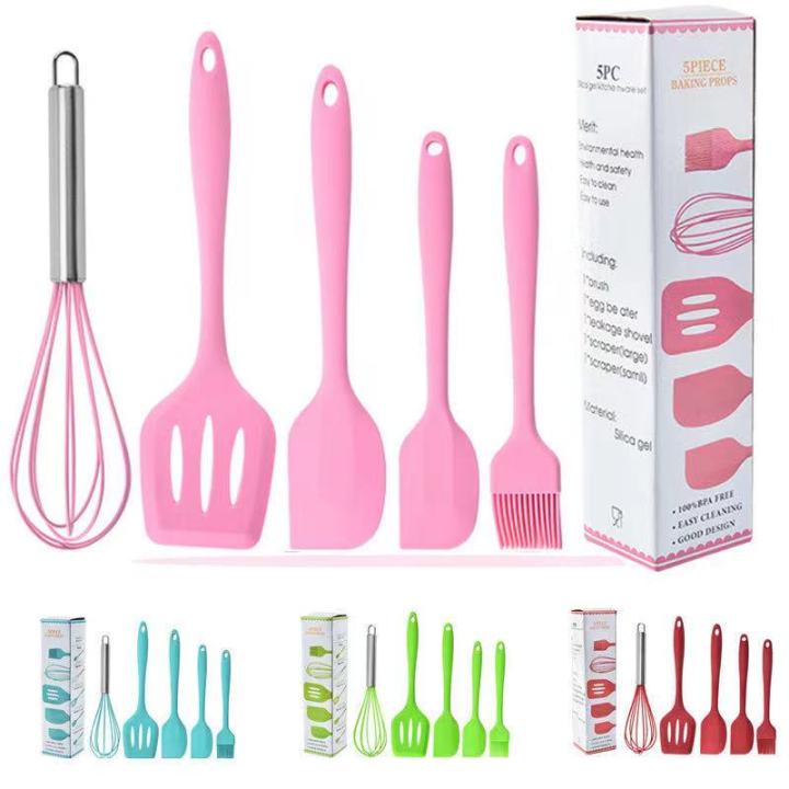 5Pcs Set Silicone Cooking Tool Sets Kitchen Utensils Set Include Egg Beater Spatula Oil Brush ...