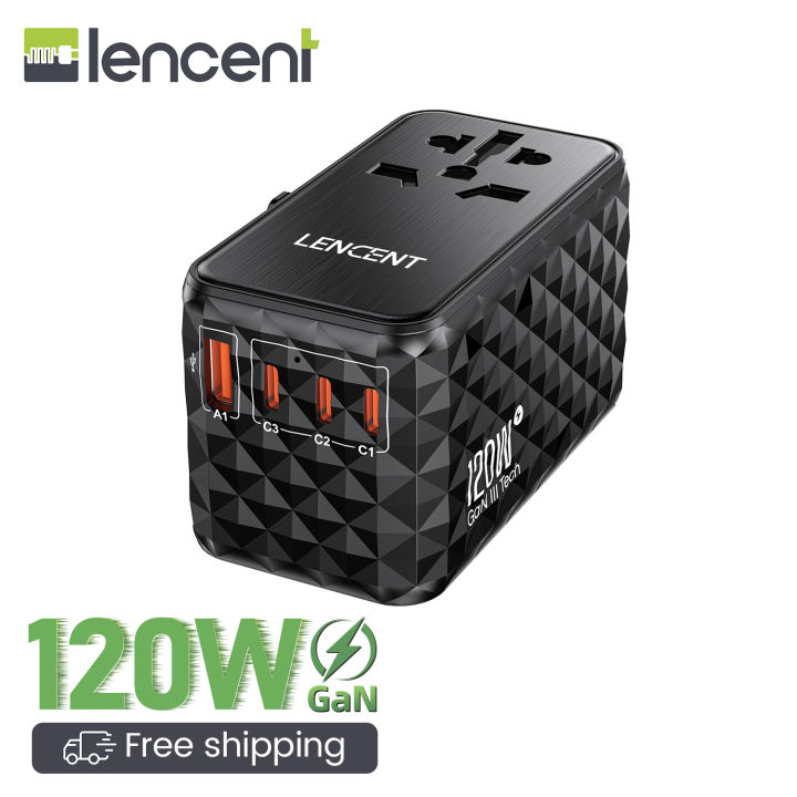 LENCENT 120W International Travel Adapter, GaN Universal Travel Adapter with 1 USB-A & 3 Type C ...