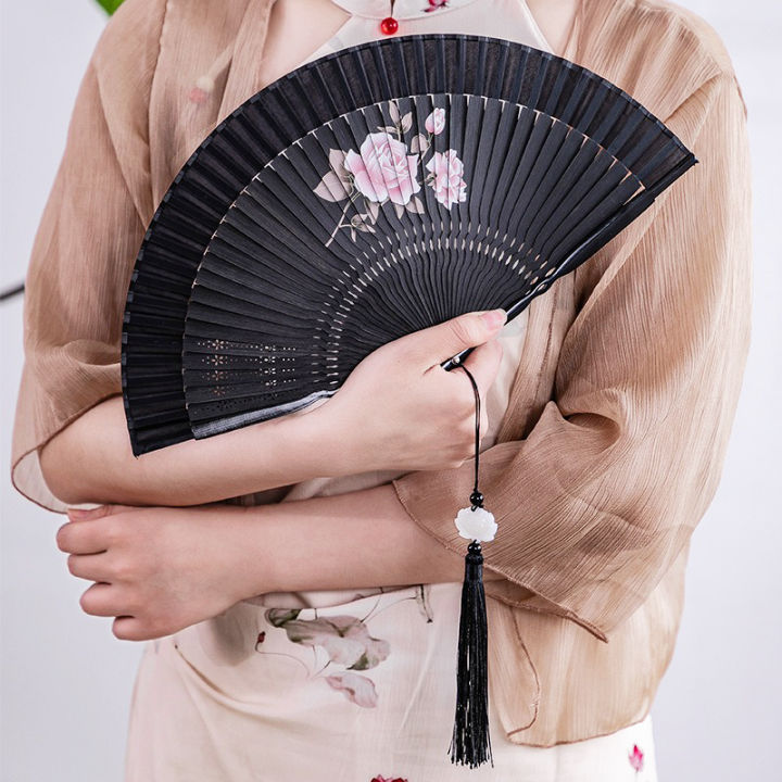 Green Bamboo Classical Tassel Folding Fan Soft And Translucent Silk ...