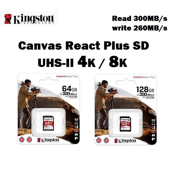 Kingston Canvas React Plus SD Card 64GB 128GB 256GB Memory Card Up To 300MB/S Read V90 UHS-II ...