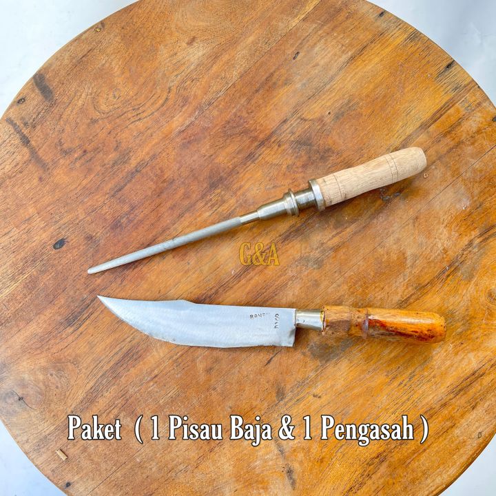 isau Baja Asli Super Tajam Sepuh Tua Plus Stik Pengasah Pisau Dapur ...