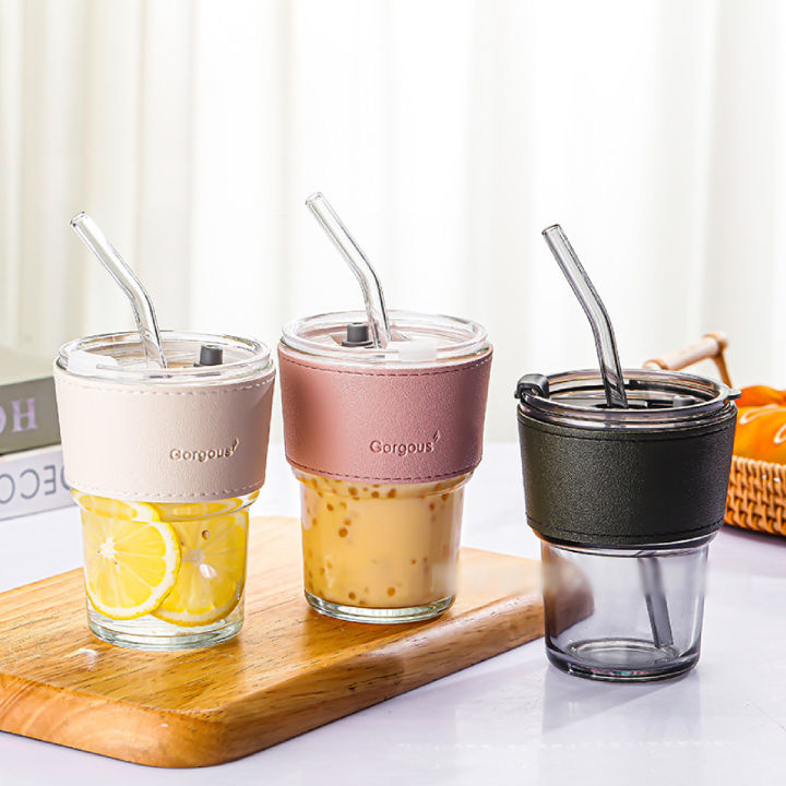 Glass Straw Cup Glass Water Bottle Heat-Resistant Transparent Cold ...