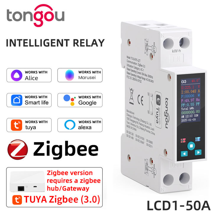 1P 50A Tuya ZigBee Smart Switch Circuit Breaker LCD Energy Meter KWh ...