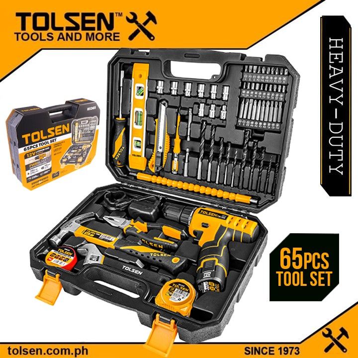 Tolsen 65pcs Household Tools Set w/ Cordless Drill (DC 12V) 85365 ...