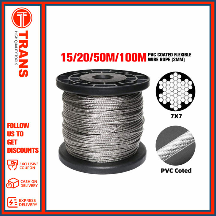 Trans 15/20/50/100 Meter 304 Stainless Steel Steel PVC Coated Flexible Wire Rope soft Cable ...