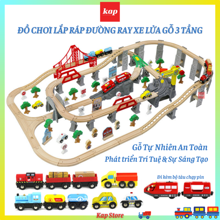 BỘ ĐỒ CHƠI ĐƯỜNG RAY XE LỬA, TÀU HỎA CAO CẤP BẰNG GỖ 3 TẦNG - CÓ KÈM ...