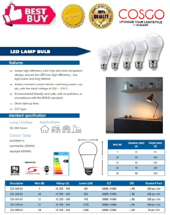 Cosgo LED Bulb - E27(5W/10W/13W/15W/18W) (3000K Warm White/6500K ...