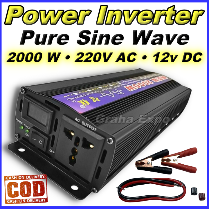 Power Inverter Pure Sine Wave DC 12V to AC 220V 1000W atau 2000W Digital Aki Battery Alat ...