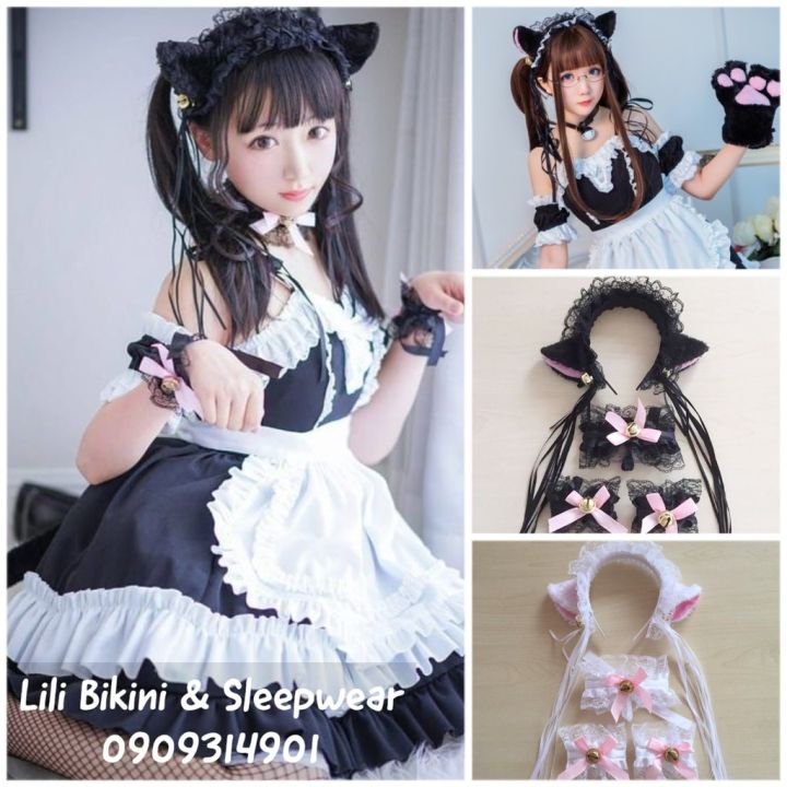 Bộ cosplay mèo Neko đen trắng bờm tóc, băng đô ren, găng tay mèo, vòng tay, nơ cổ mèo cosplay ...