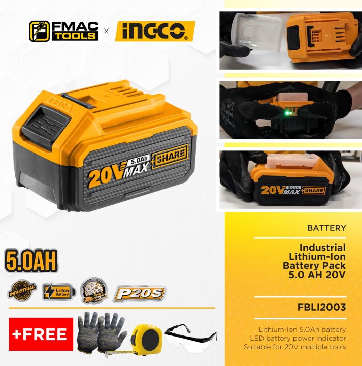 INGCO Industrial Lithium-Ion Battery Pack 5.0 AH 20V FBLI2003 ...