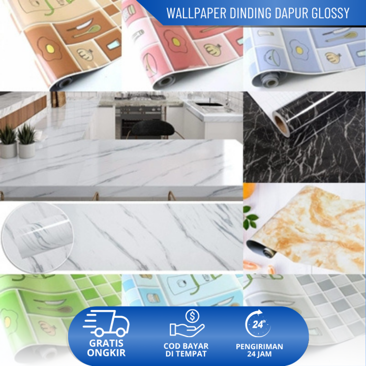 SUPER GLOSSY Wallpaper Dinding Dapur Marmer Meja Dapur Kitchen Set Anti ...