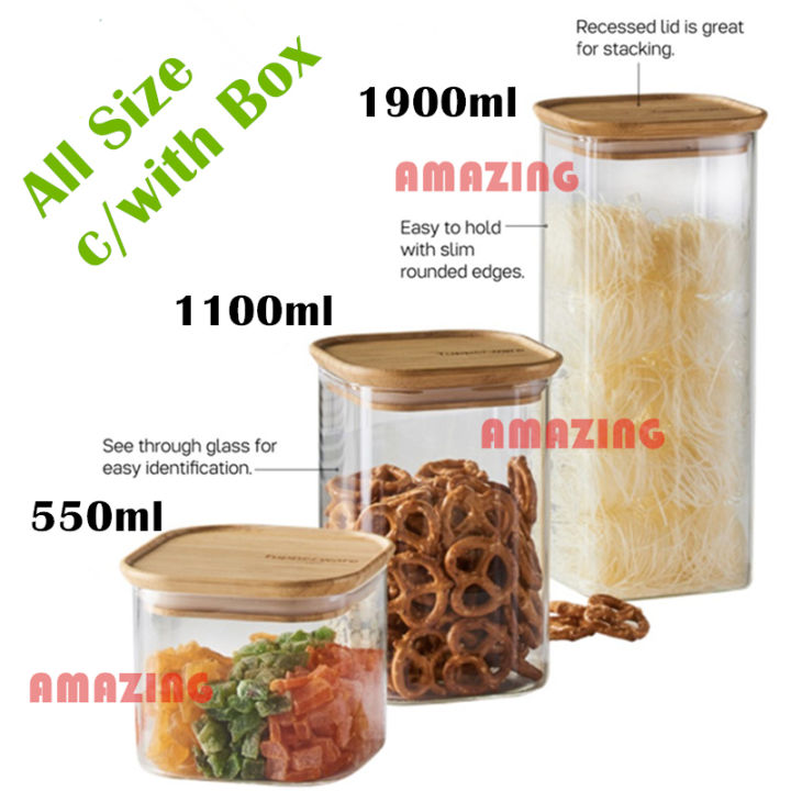 Tupperware Glass & Bamboo Storage Jar 550ml / 1.1L / 1.9L/ Food ...