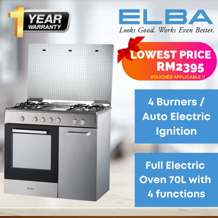 ELBA Standing Gas Cooker 4 Burner (70L Electric Oven) EGC-C9784E(SS ...