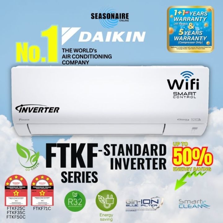 [NEW] Daikin R32 FTKF-Series Standard Inverter WiFi Air Cond 1.0HP-2.5HP | Lazada