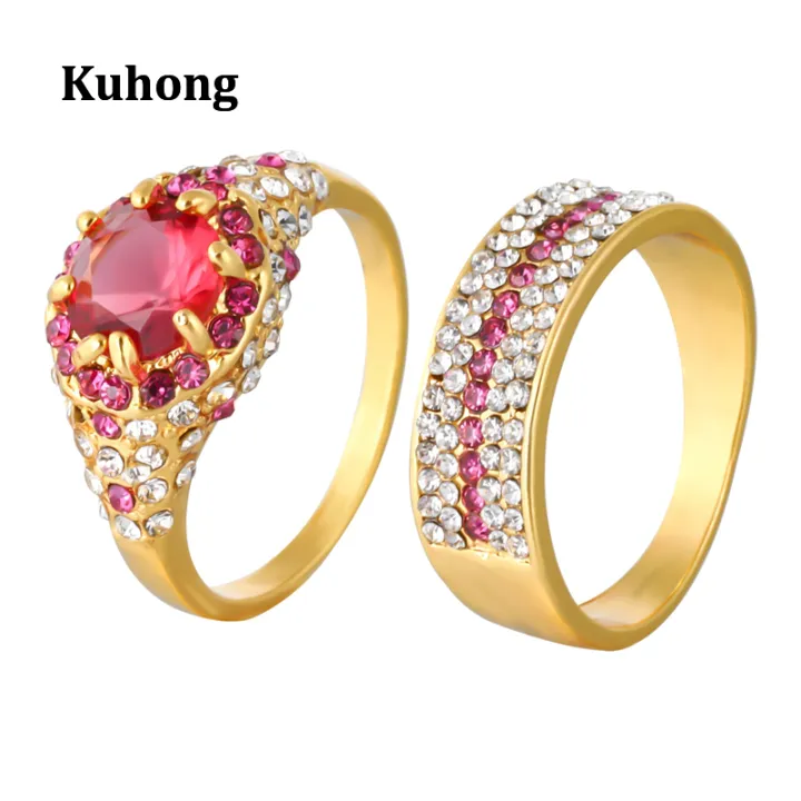 Kuhong 2pcs/set Fashion Wwomen's Gold Ring Diamond Ring Set Wedding ...