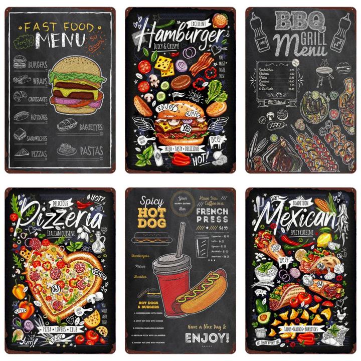 Fast Food Menu Vintage Tin Sign BBQ Menu Metal Poster Burgers Pizza ...