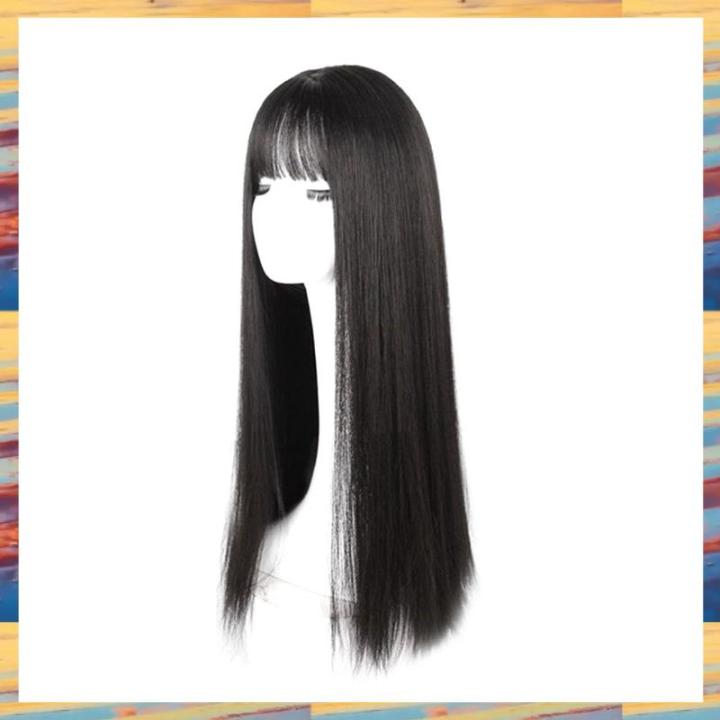 (BAVF) Natural Looking Long Bob Wig Straight Wig with Bangs for Women ...