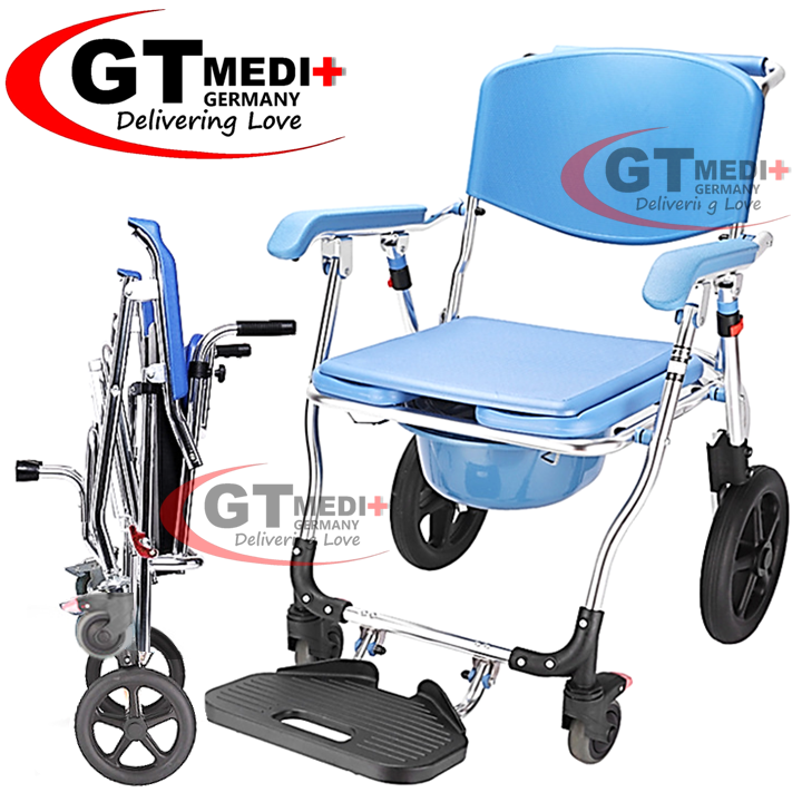 GT MEDIT GERMANY Aluminium Foldable Commode Wheel Chair Bath Shower Mobile Potty Toilet Seat ...
