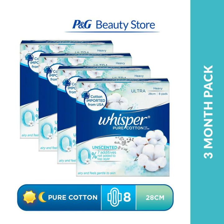 3-month pack Whisper Pure Cotton Unscented Long 8s set of 4 | Lazada PH