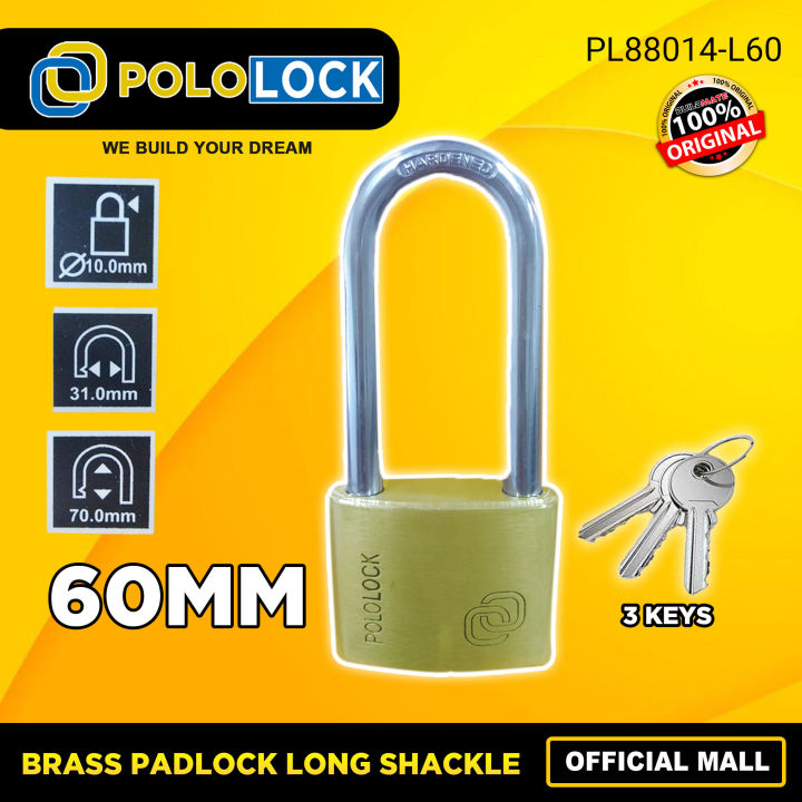 Pololock Heavy Duty Brass Padlock Long Shackle 60mm With 3 Keys Door ...