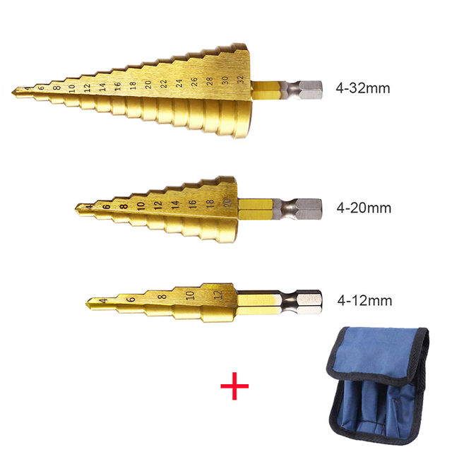 yingke 3pcs Hss Step Drill Bit Set Straight Spiral Groove Titanium Coated Hand Tools 4-12mm 4 ...