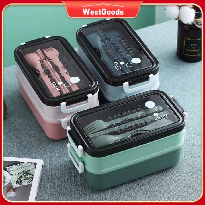 WG Double-Layer Bento Lunch Box Set with Spoon Fork Chopsticks ...