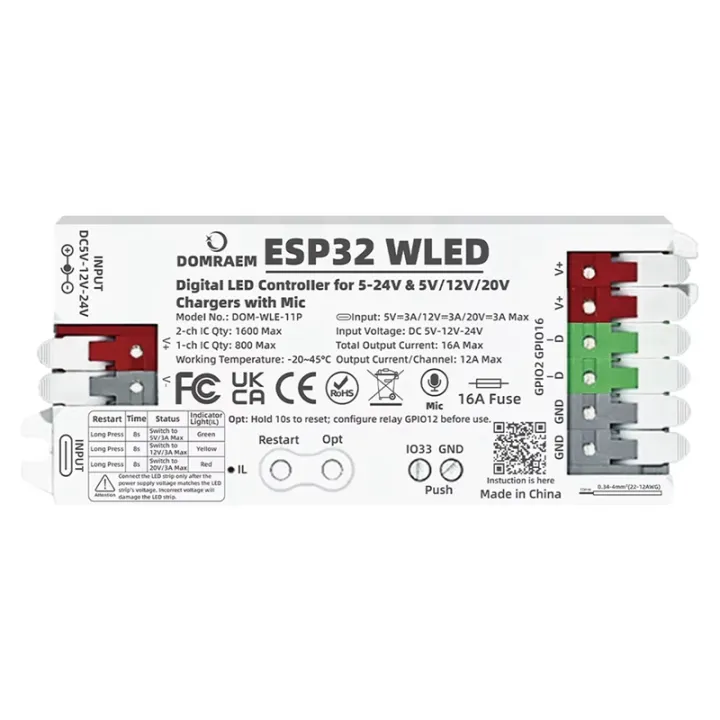 WLED Controller Light Strip Controller with Mic Dual 5-24V DC Input ...