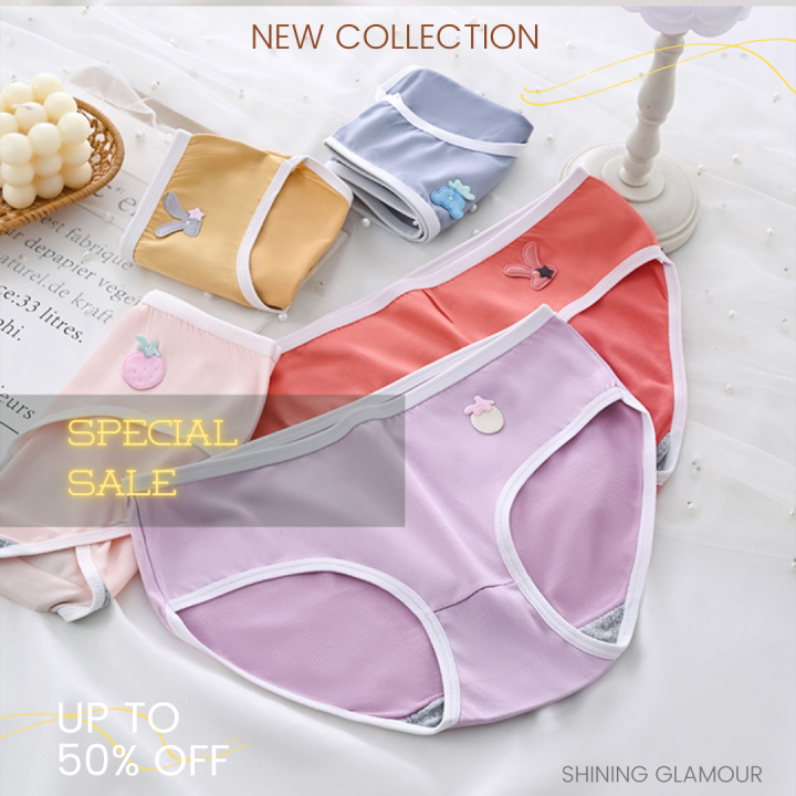 CS08 # กางเกงในผู้หญิง เอวกลาง สีพาสเทลตัดขอบสีขาว มีตัวการ์ตูนติดตรง ...