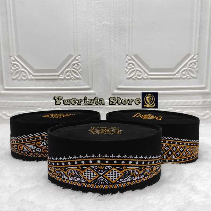Peci Songkok Kopiah Hitam MOTIF BATIK ORANGE TINGGI 9CM Bahan BELUDRU ...