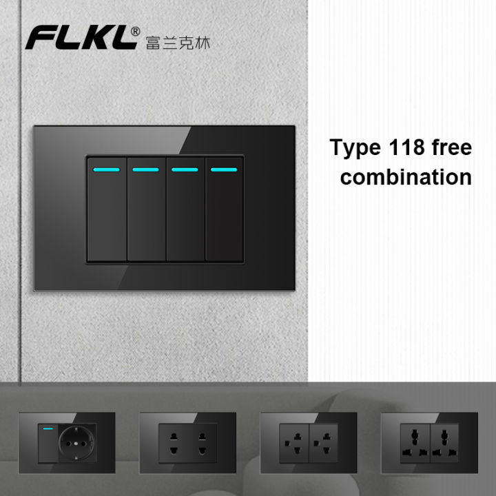 FLKL Wall Light Switch Universal Wall Switches Power Socket 118 Type Black Glass Panel Flame ...