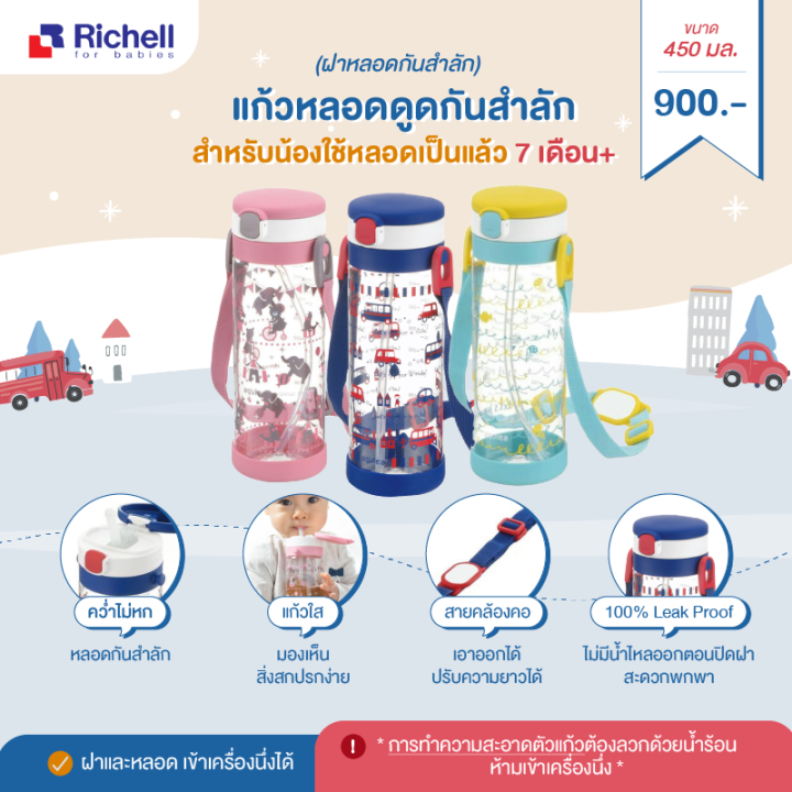 แก้วหลอดดูด กระติกน้ำ ถ้วยฝึกดูด Richell Clear straw bottle Mug ขนาด 450 ml | Lazada.co.th