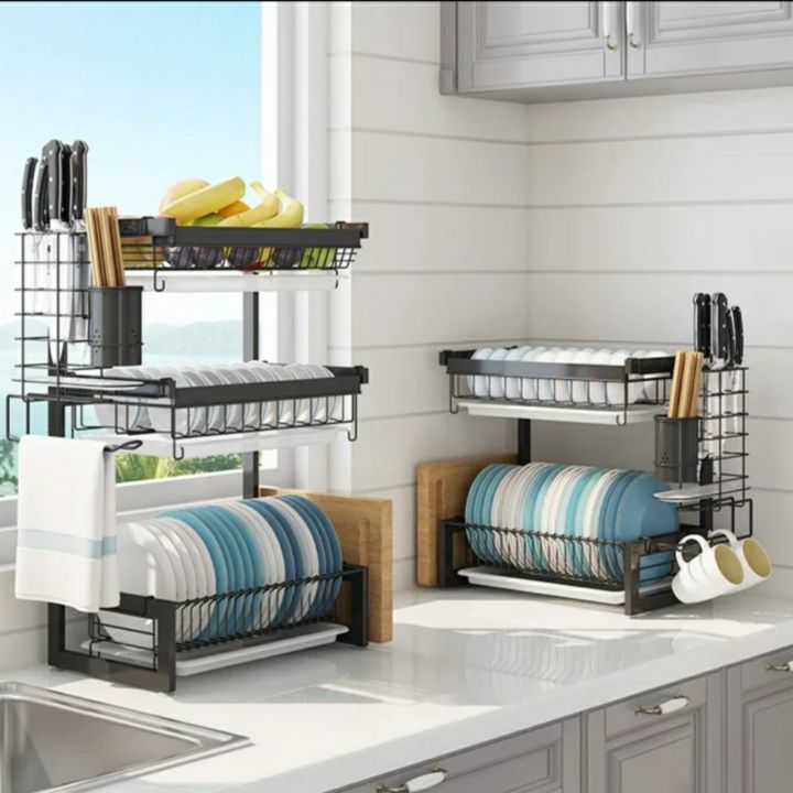 2 Tier Black Stainless Steel kitchen organizer dish rack organizer ...